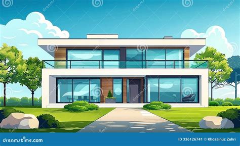 Modern Villa With Glass Windows And Flat Roof Cartoon Style Vector