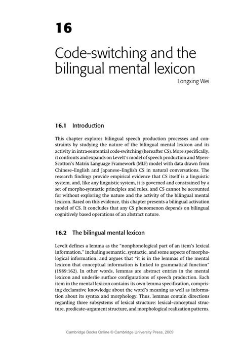 Code Switching And The Bilingual Mental Lexicon Chapter 16 The Cambridge Handbook Of