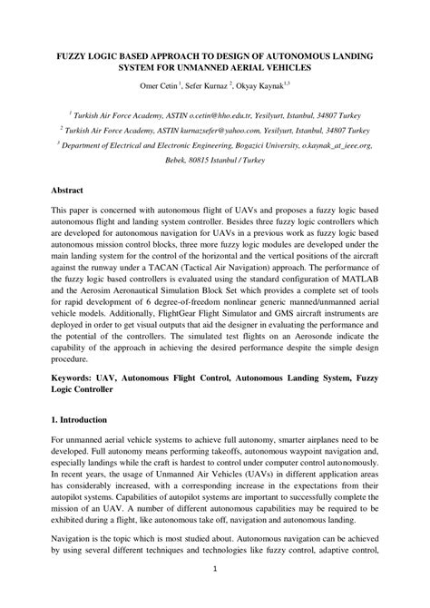 PDF Fuzzy Logic Based Approach To Design Of Autonomous Landing System For Unmanned Aerial Vehicles