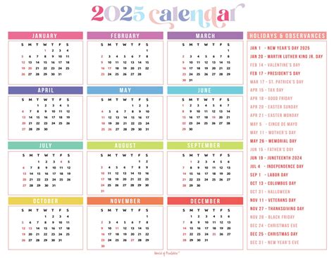 2025 Calendar With Holidays Free Printables In 28 Unique Styles