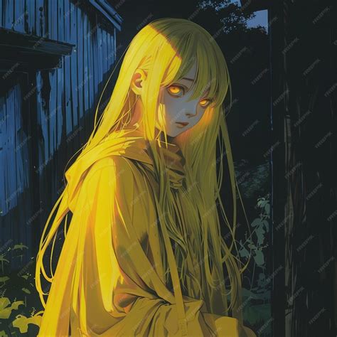 Anime Girl With Long Blonde Hair And Yellow Eyes Standing In Front Of A