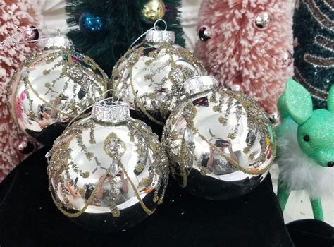 4 Silver Blown Glass Jeweled Christmas Ornament Balls Feather Designs