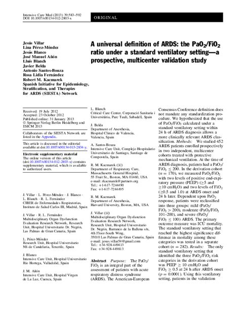 Pdf A Universal Definition Of Ards The Pao2 Fio2 Ratio Under A Standard Ventilatory Setting—a