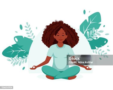 나뭇잎 배경에 명상 흑인 여자 건강한 라이프 스타일 요가 명상 휴식 레크리에이션을위한 개념 그림 플랫 스타일로 벡터 그림 젠