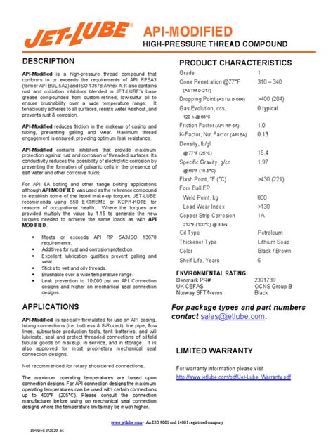 Jet Lube Api Modified High Pressure Thread Compound Pdf Corrosion