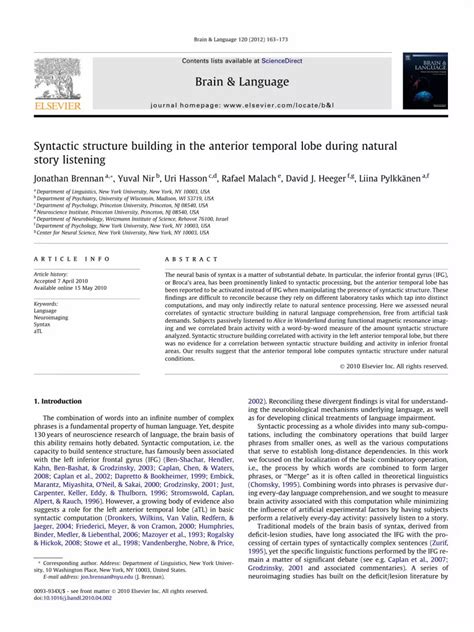 Pdf Syntactic Structure Building In The Anterior Temporal Lobe During Natural Story Listening