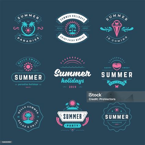 여름 방학 라벨 및 배지 복고풍 타이포그래피 디자인 세트 로고에 대한 스톡 벡터 아트 및 기타 이미지 로고 하트 모양 해변 Istock