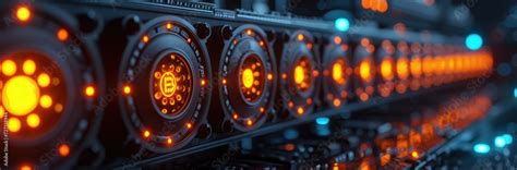 A Close Up Of A Mining Rig In A Dark Room With LED Lights Flickering From Processing