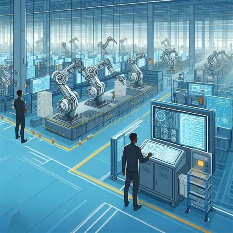 Illustration Simple Vector Of High Tech Automated Factory Floor With Humans And Robots Working