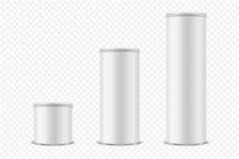 벡터 3d 현실적인 빈 흰색 금속 주석 캔 통조림 식품 투명 배경에 격리 된 뚜껑 아이콘 세트 감자 칩 포장 작은 중간 큰 크기 디자인 템플릿 모형 전면 보기 뚜껑에 대한