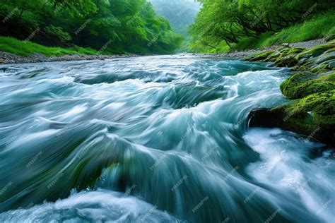A Vibrant River Ecosystem Flowing Water Lush Greenery And Abundant