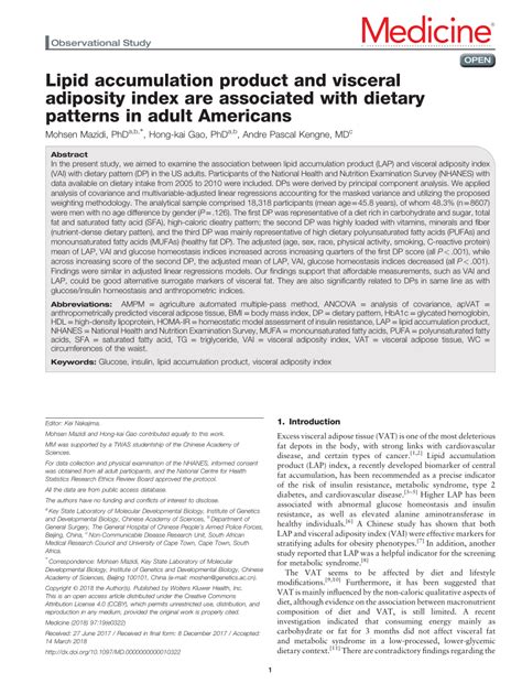 Pdf Lipid Accumulation Product And Visceral Adiposity Index Are Associated With Dietary