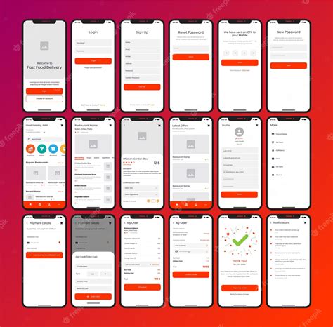 모바일 앱 디자인 모바일 앱용 Ui Ux 벡터 디자인 레스토랑 앱 디자인 프리미엄 벡터