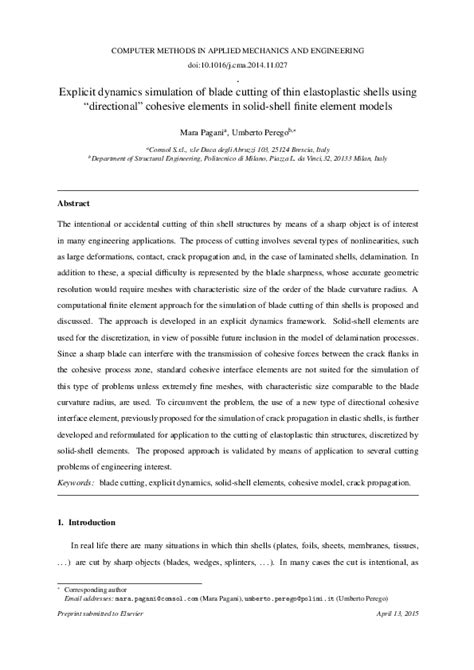 Pdf Explicit Dynamics Simulation Of Blade Cutting Of Thin Elastoplastic Shells Using