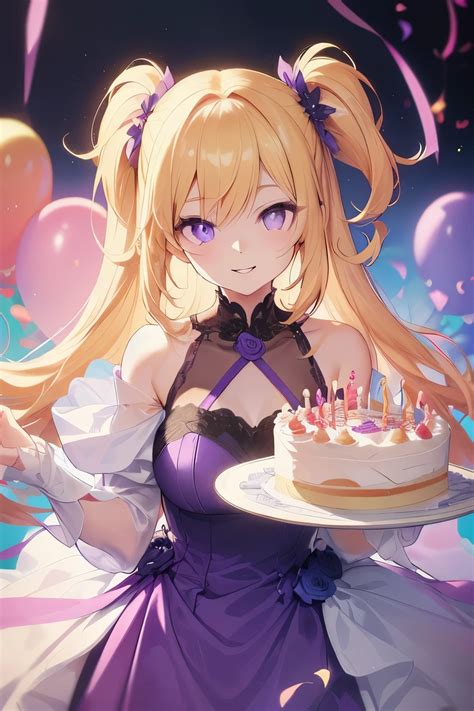 Anime Girl Holding A Cake With Candles On It In Front Of Balloons Seaart Ai
