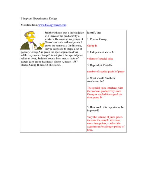 Simpsons Experimental Design Worksheets
