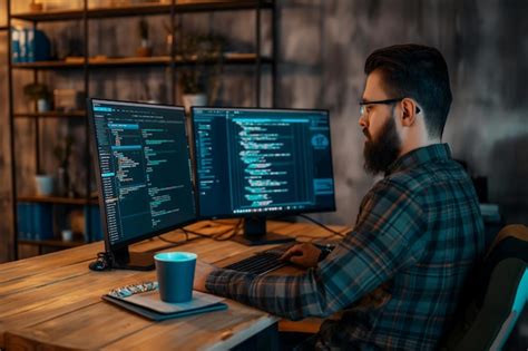 Premium Photo Young Software Developer Working On Desktop Computers