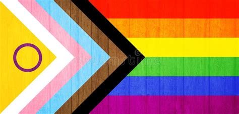 The Intersex Progress Lgbtq Flag Over Wood Plank Wall Stock