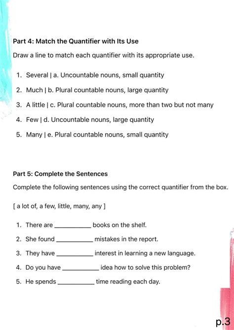 Quantifiers Worksheet Countableuncountable Nouns