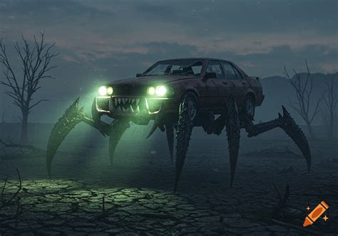 A Rusty Monstrous Car With Fangs And Spider Legs Headlights Glowing