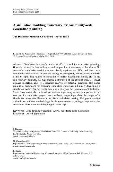 Pdf A Simulation Modeling Framework For Community Wide Evacuation Planning Mashrur Chowdhury