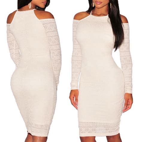 White Lace Cut Out Shoulder Bodycon Long Sleeve Dress Aus