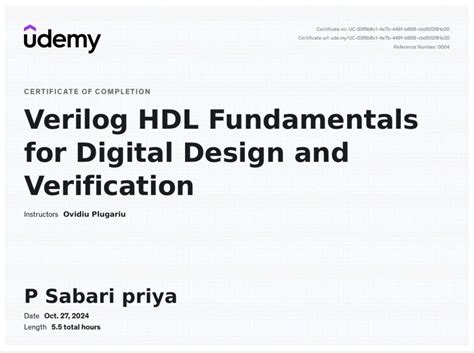 Obtained Certification In Verilog Hdl Fundamentals For Digital Design Sabari Priya