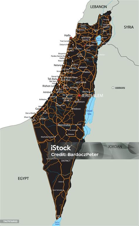 High Detailed Israel Road Map With Labeling Stock Illustration