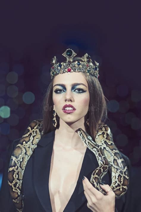Beauty Queen Hold Python Sensual Woman With Snake Woman With Makeup