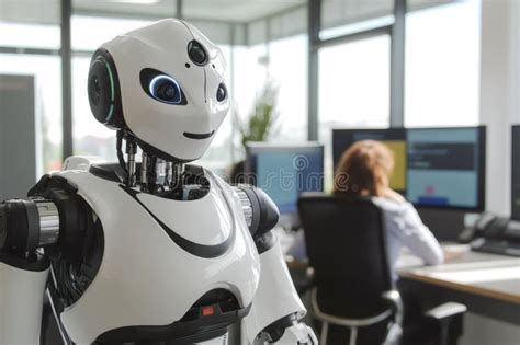 Futuristic Office With Ai Robot Assistant In Modern Workspace For