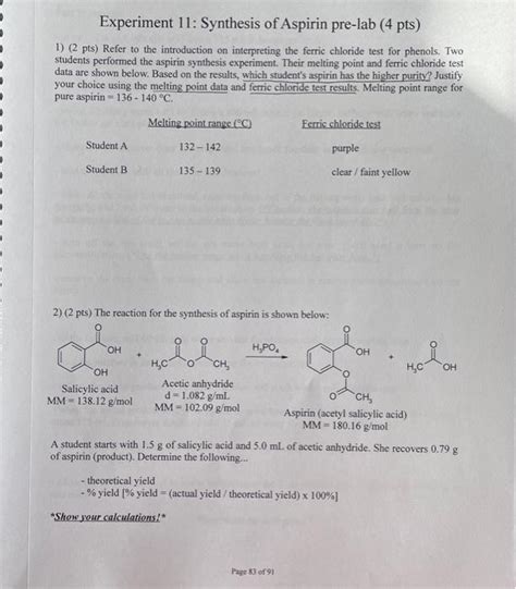 Solved Experiment 11 Synthesis Of Aspirin Pre Lab 1 2 Chegg Com