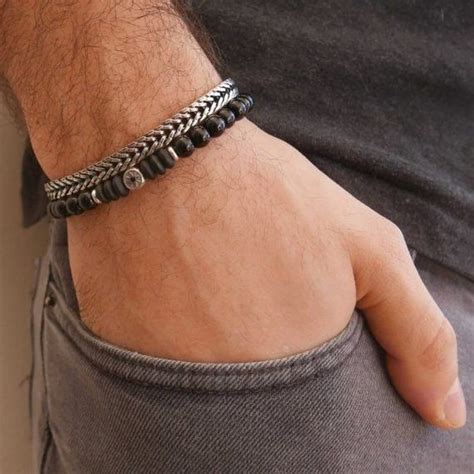 Mens Bracelet Set Mens Beaded Bracelet Mens Silver Bracelet Mens Chain Bracelet Men