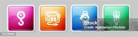 세트 라인 핸드 스케일 스프링 기계 멀티미터 볼트미터 손목 시계 및 의료 온도계 다채로운 사각형 버튼 벡터 건강 진단에 대한 스톡 벡터 아트 및 기타 이미지 Istock