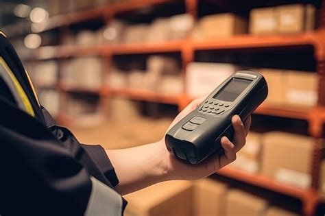 Premium Ai Image Warehouse Stock Engineer Man Scanning Package With Barcode Generative Ai