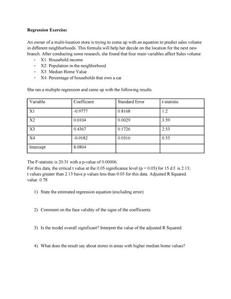 Problem Regression Regression Exercise An Owner Of A Multi Location Store Is Trying To Come