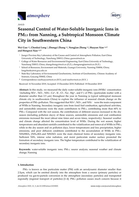 Pdf Seasonal Control Of Water Soluble Inorganic Ions In Pm25 From