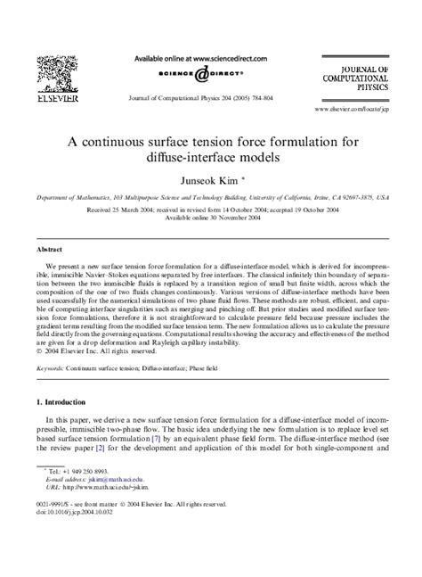 Pdf A Continuous Surface Tension Force Formulation For Diffuse Interface Models