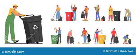 Garbage Collection Set Characters Gathering And Disposing Of Waste Materials In An Organized