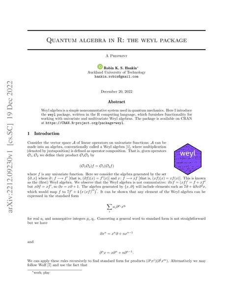 Quantum Algebra In R The Weyl Package Deepai