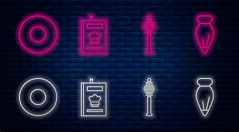 세트 라인 요리 책 허니 디퍼 스틱 케이크를 장식하기위한 접시와 패스트리 가방 벽돌 벽에 빛나는 네온 아이콘입니다 벡터 가방에 대한 스톡 벡터 아트 및 기타 이미지 Istock