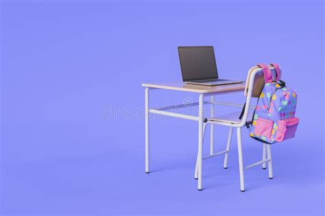 School Desk With Laptop And Colorful Backpack In A Studio Setup Stock