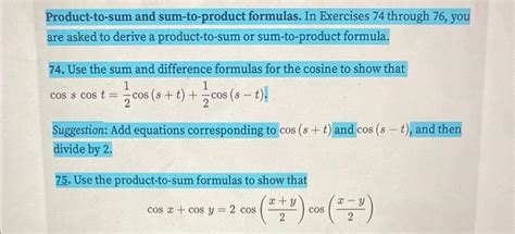 Solved Product To Sum And Sum To Product Formulas In Chegg