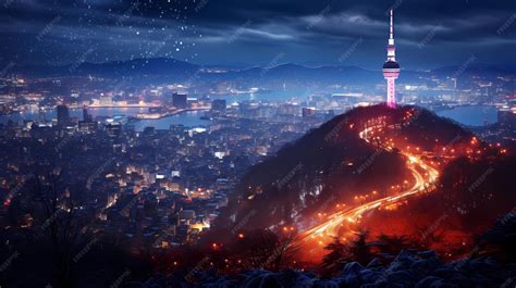 서울 남산타워의 야경 프리미엄 사진