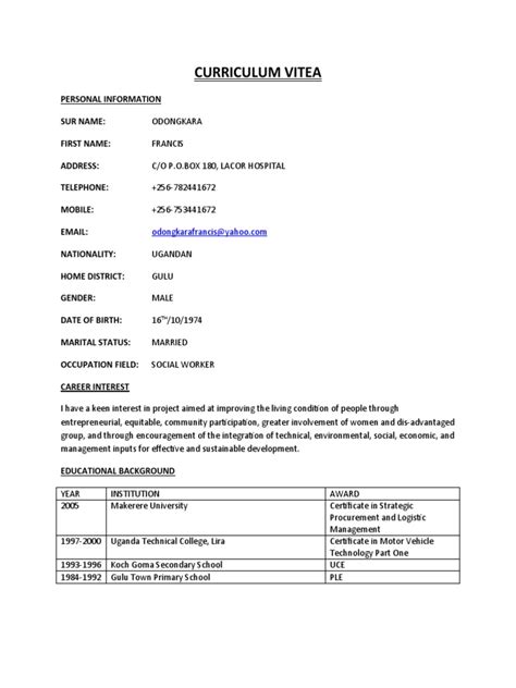 Curriculum Vitea Odongkara Pdf Uganda