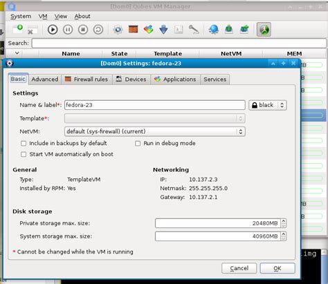 Qubes OS VM Settings For Fedora 23 Basic Tab Bytefreaks Net