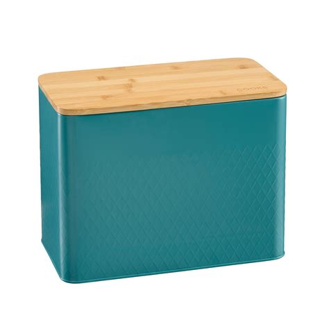 Cooks Professional Bread Bin Linen Bag And Bamboo Board Set Teal Cooksprofessional