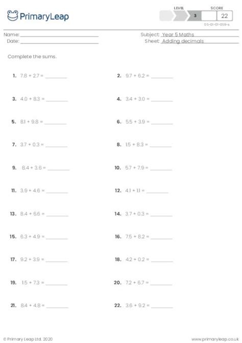 Numeracy Adding Decimals Missing Addend Worksheet PrimaryLeap Co Uk
