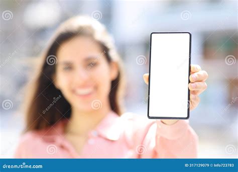 Elegant Happy Woman Showing Phone Screen Mock Up Stock Image Image Of