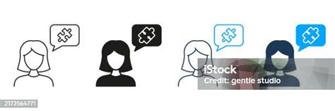 여자와 퍼즐 퍼즐 말풍선 라인과 실루엣 아이콘 세트 사업 협력 선형 픽토그램 편집 가능한 획 고립된 벡터 일러스트 레이 션 개념에 대한 스톡 벡터 아트 및 기타 이미지