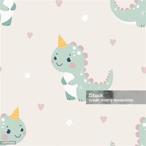 컬러 배경에 귀여운 공룡 하트 및 별이 있는 원활한 패턴입니다 인쇄를 위한 벡터 그림입니다 귀여운 아이들의 배경입니다 생일 공룡에 대한 스톡 벡터 아트 및 기타 이미지